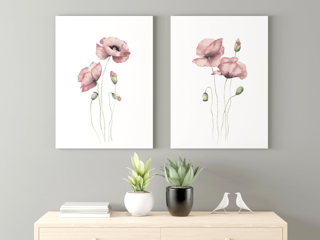 Blush Pink Poppies Prints Set of 2. Pastel Watercolor Poppy - Etsy
