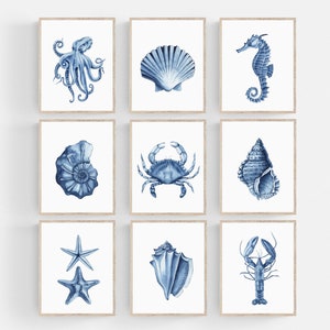 Sea Life Prints Set of 9. Navy Blue Coastal Printable Wall Art ...