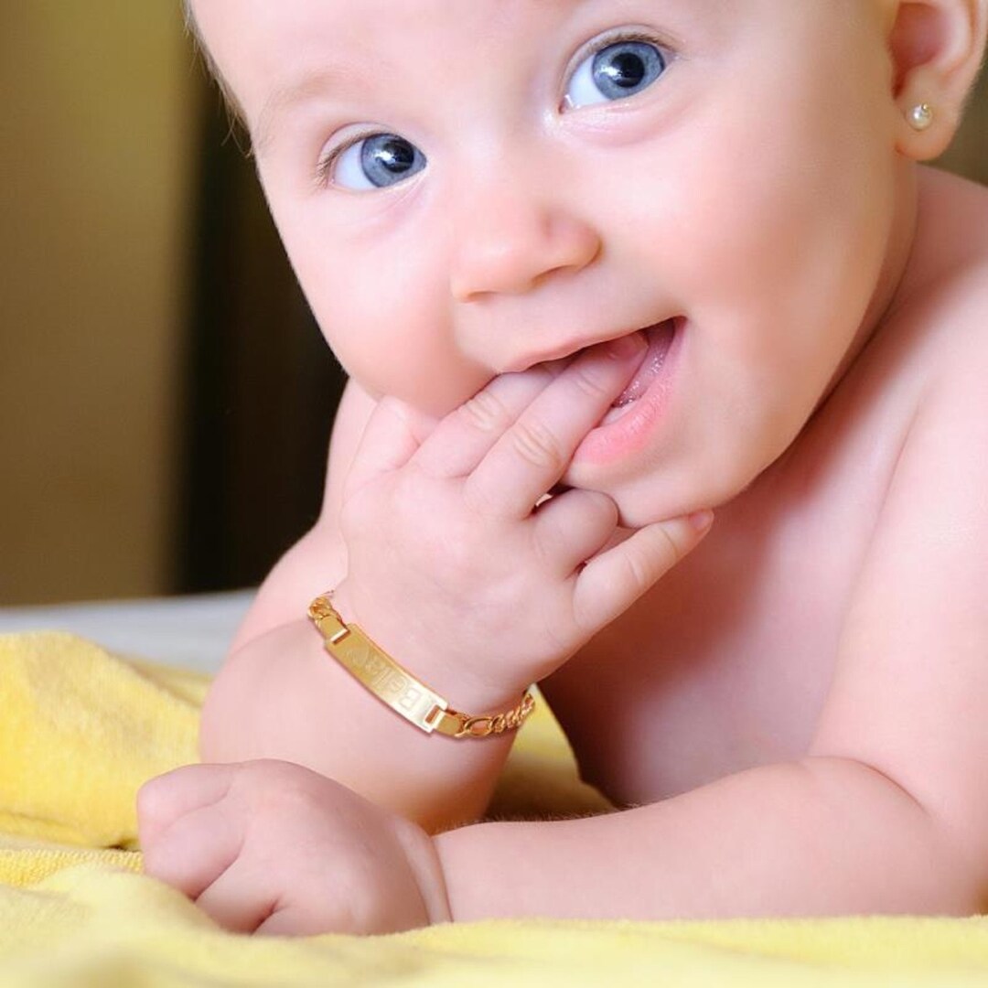 Personalized 18K Gold Filled Baby Bracelet: Engraved Name ID ...