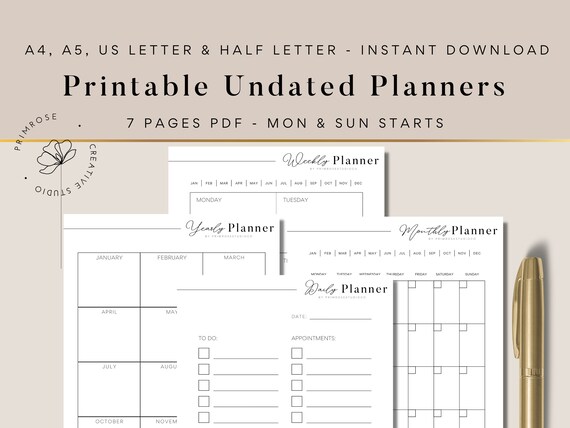 Printable Undated Planner Calendars Instant Downloadable | Etsy