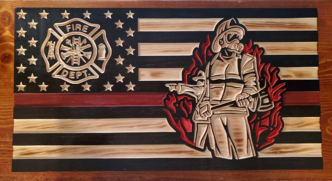 Fireman's Red Line Torched Flag With Maltese Cross and Firefighters ...