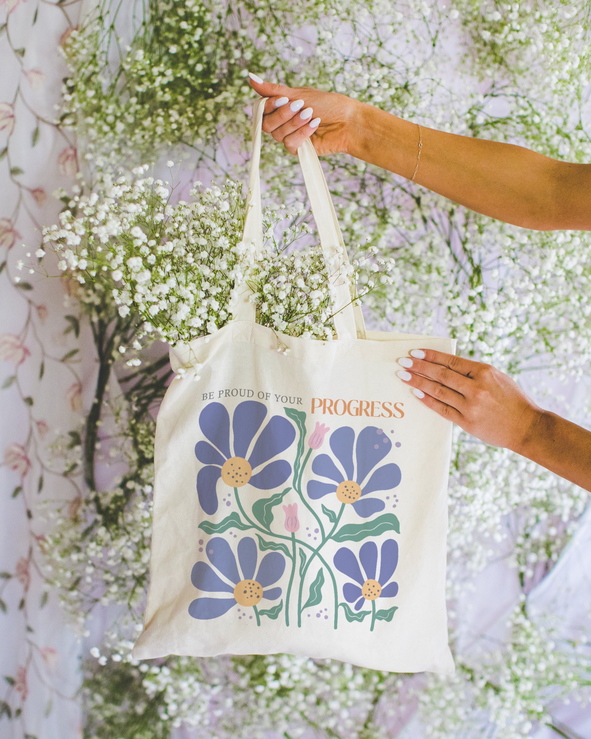 Be Proud of Your Progress Flower Tote Boho Totebag Inspirational ...