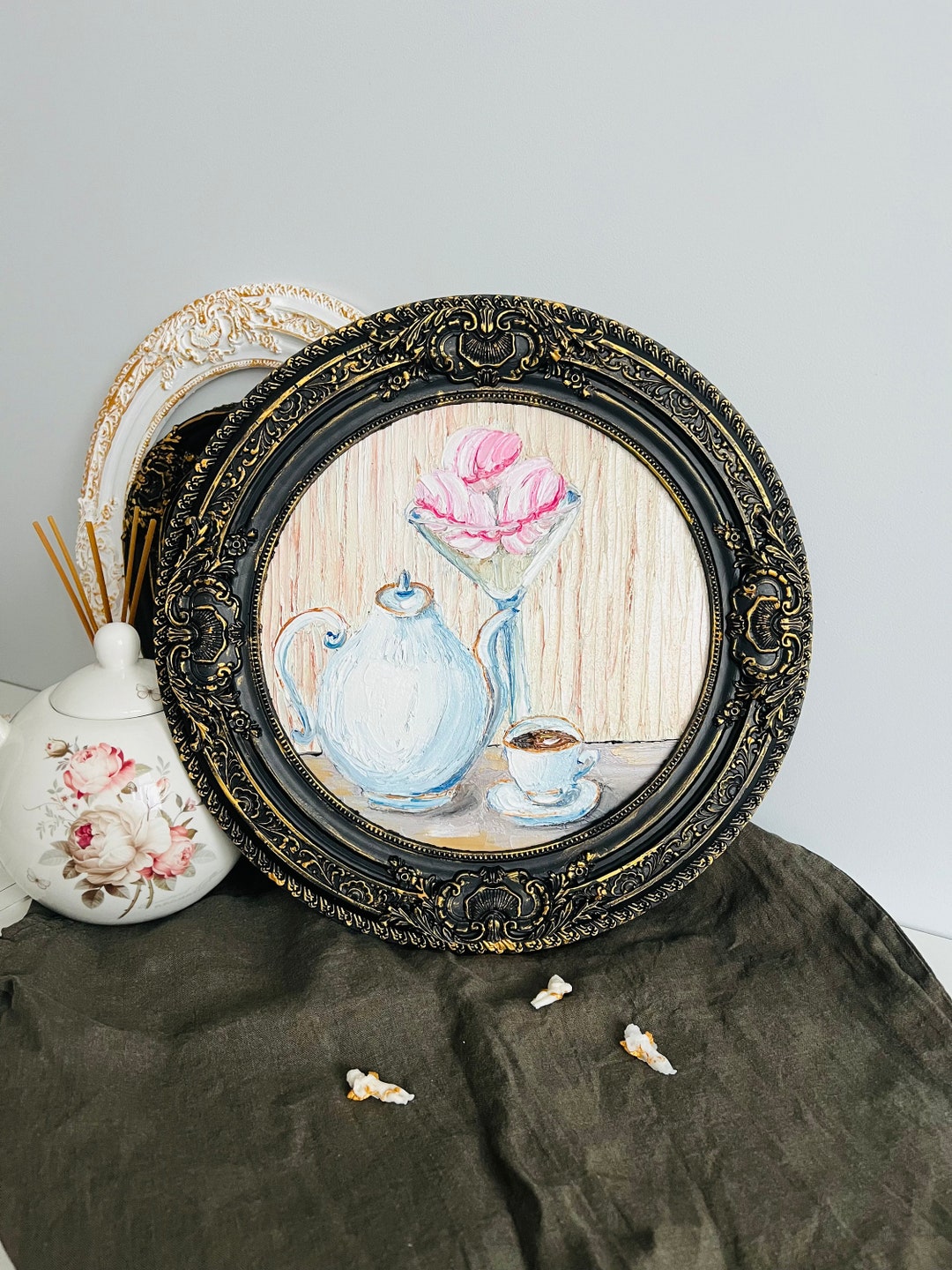 Tea Painting Tea Party Art Tea Set Still Life Vintage Small Framed Oil ...