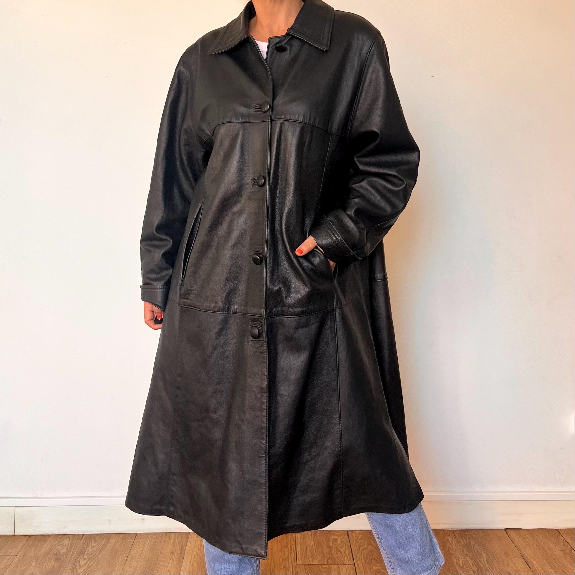 Vintage Woman Black Long Leather Overcoat Avant Garde Leather Trench ...