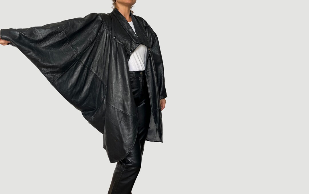 Vintage Woman Black Leather Cape Jacket Batwing Sleeves - Etsy