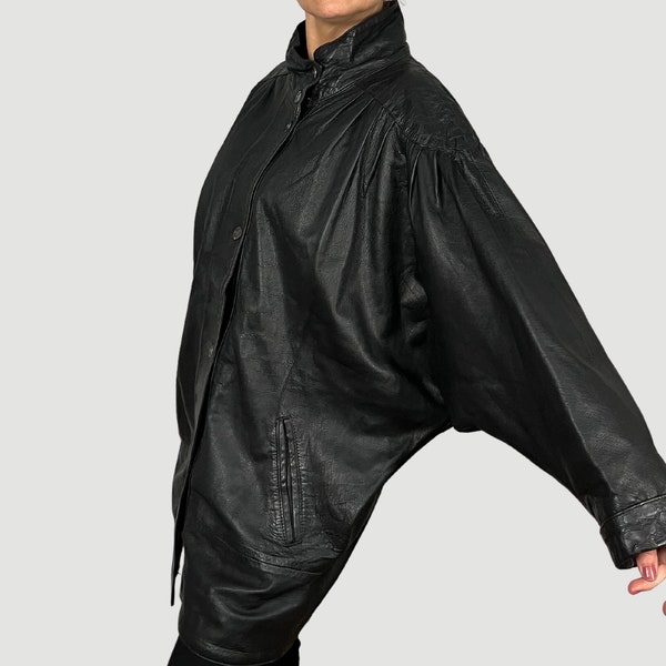 80s Vintage Batwing Leather Coat - Etsy