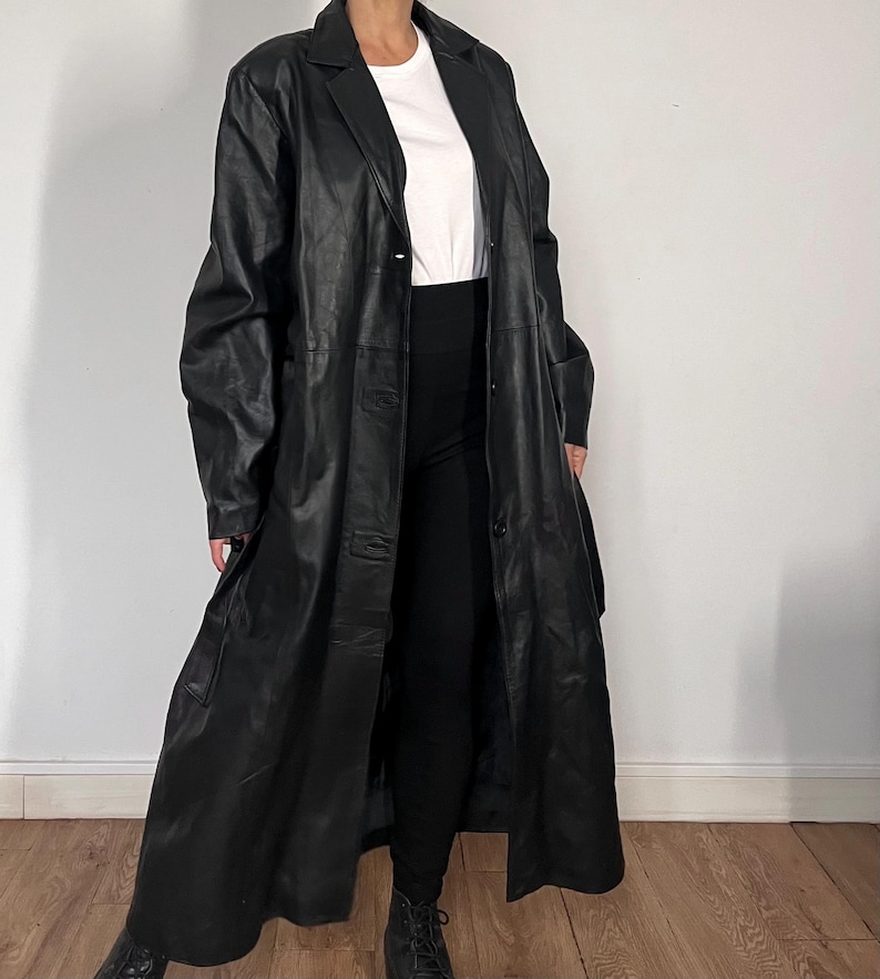 Vintage Black Leather Trench Coat: 1990s Avant Garde Overcoat (size L ...