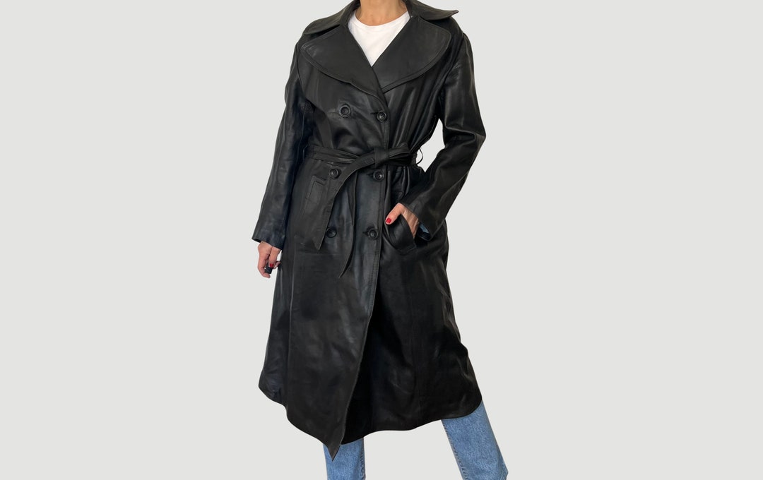 Vintage Woman Black Long Leather Trench Coat With Belt - Avant Garde ...