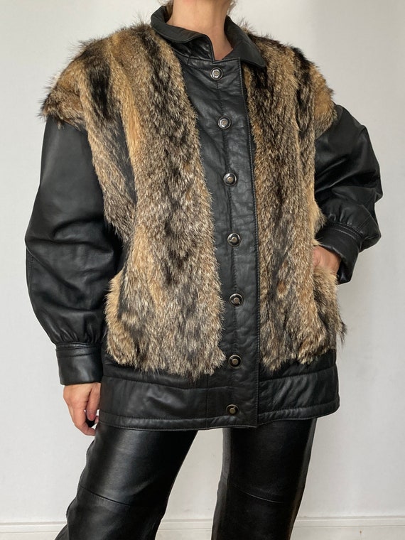 Vintage Woman Faux Fur Bomber Jacket - Black Leather … - Gem