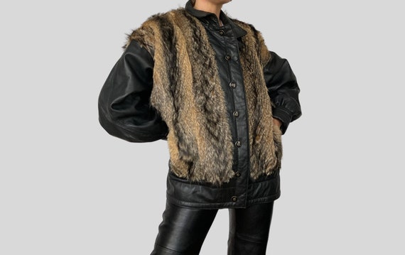 Vintage Woman Faux Fur Bomber Jacket - Black Leather … - Gem