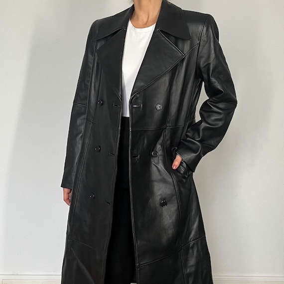 Vintage Woman Black Long Leather Trench Coat - Avant Garde Vintage Woman Black Long Leather Trench Coat - Avant Garde