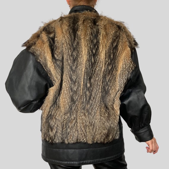 Vintage Woman Faux Fur Bomber Jacket - Black Leather … - Gem