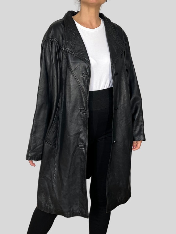 Vintage Woman Black Long Leather jacket Overcoat - Lo… - Gem