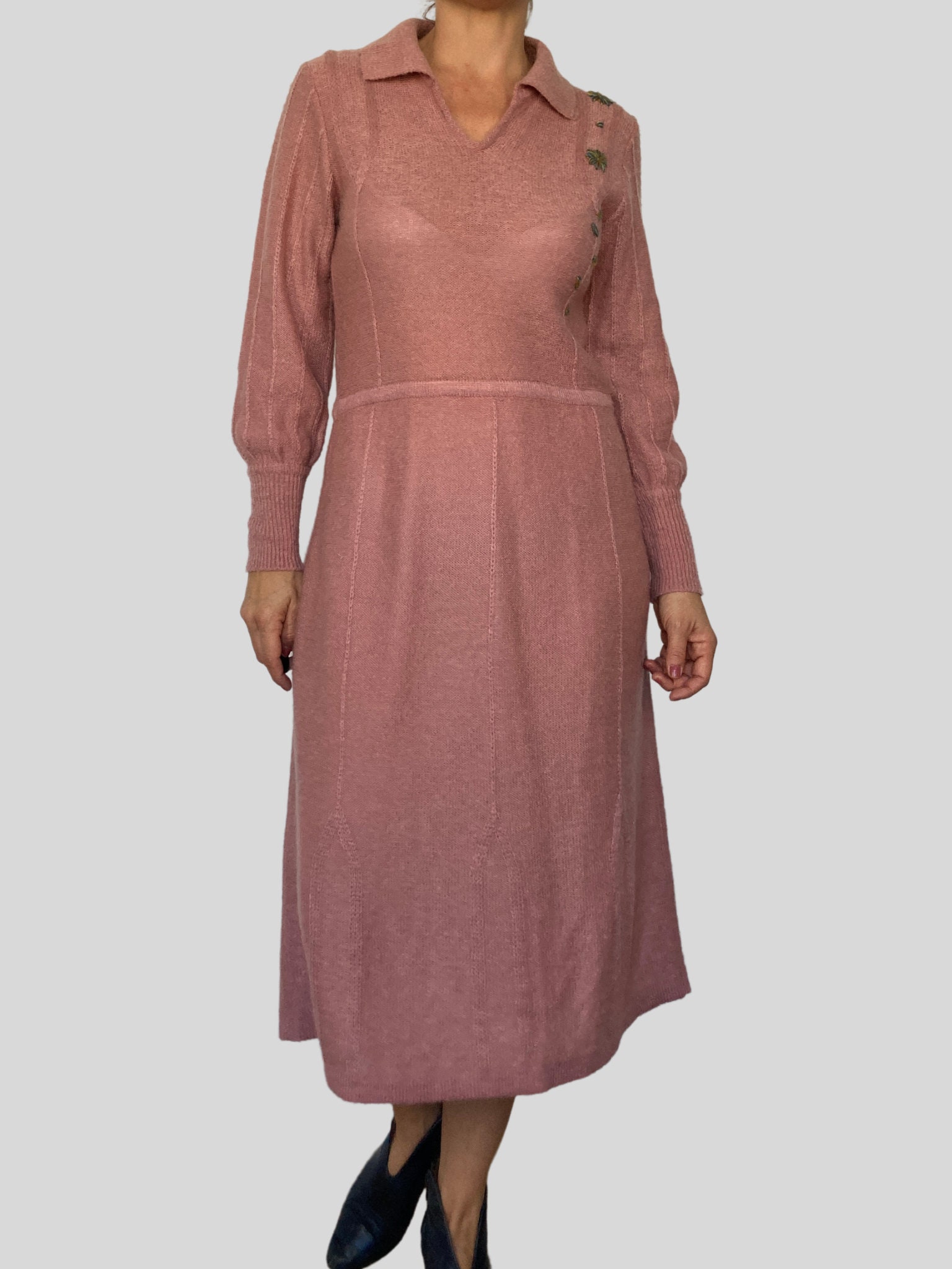 Vintage Woman Old Pink Wool Dress Puffed Sleeves Mid-calf - Etsy