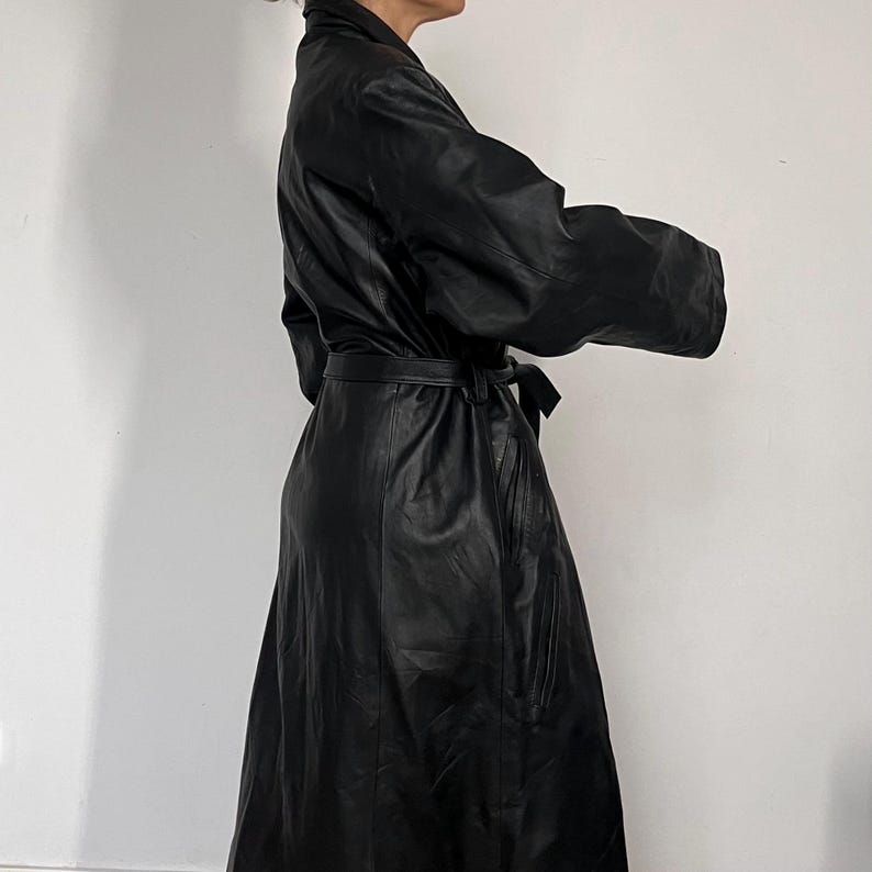Vintage Black Leather Trench Coat: 1990s Avant Garde Overcoat (size L ...