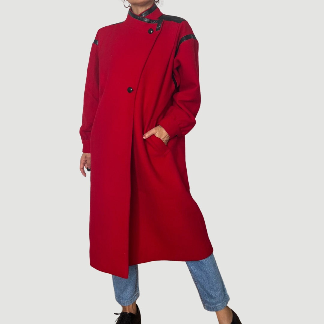 Vintage Woman Red Long Wool Coat - Red Overcoat With Leather Details ...