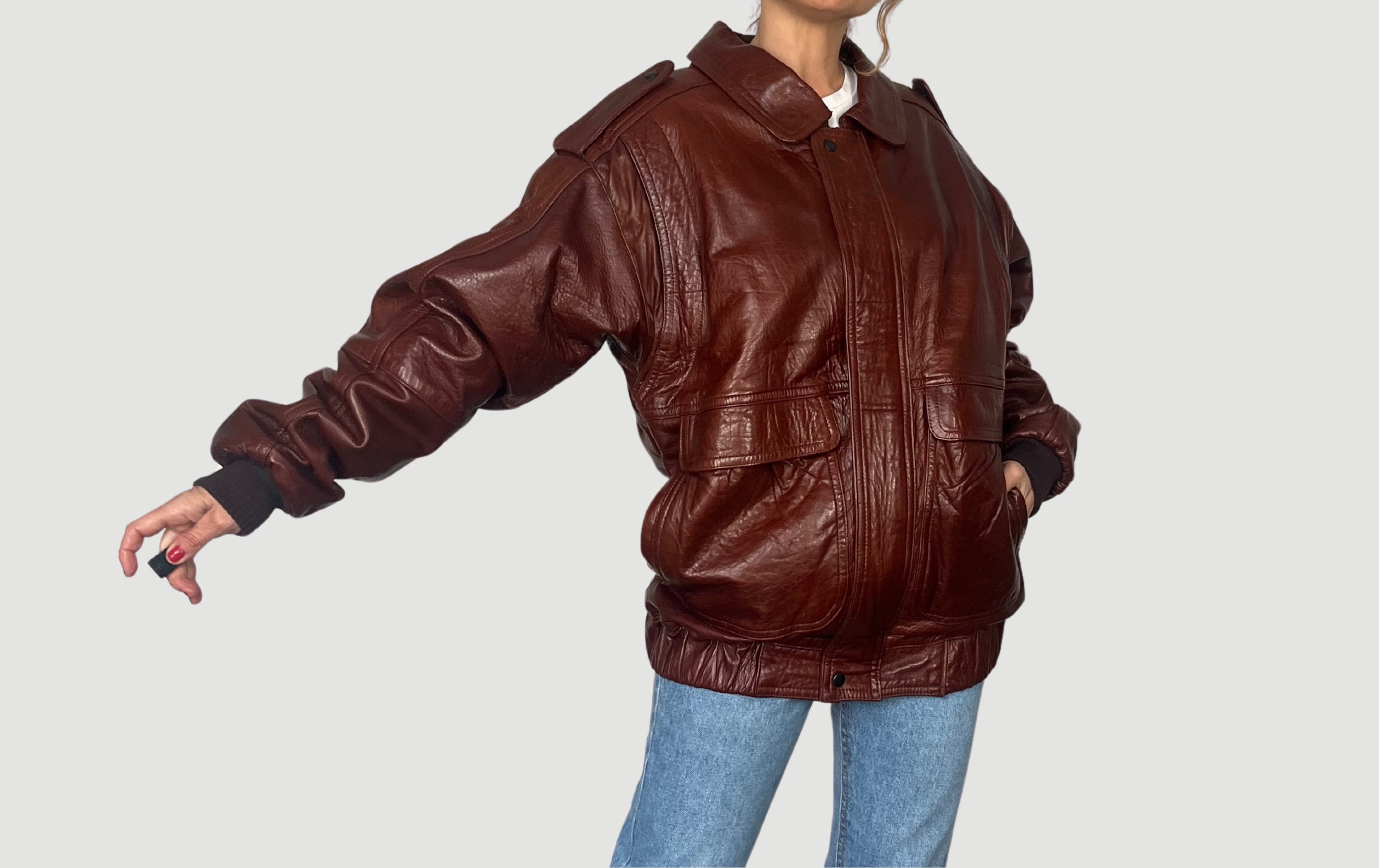 Vintage Woman Brown Leather Bomber Jacket Oversize Burgundy Bomber ...