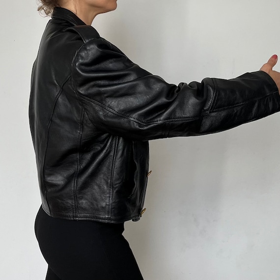 Vintage Woman Black Leather Bomber Jacket - Oversize … - Gem