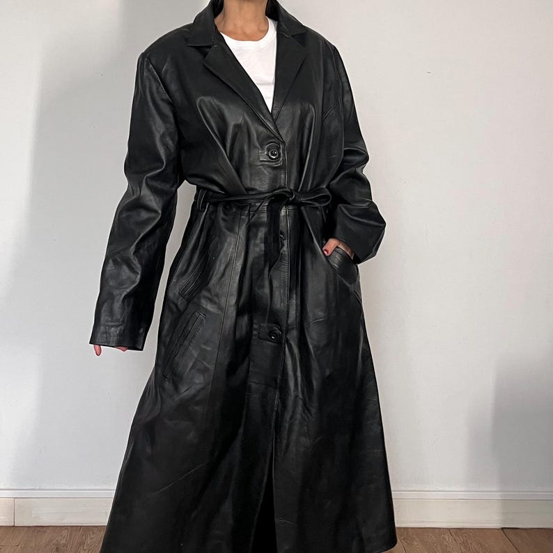 Vintage Black Leather Trench Coat: 1990s Avant Garde Overcoat (size L ...