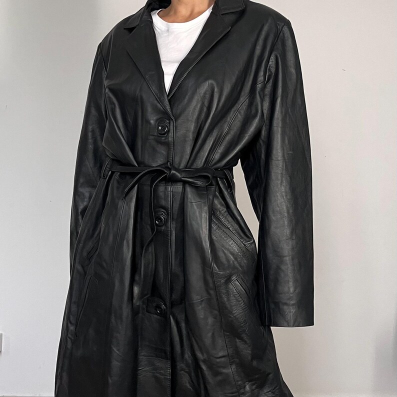 Vintage Black Leather Trench Coat: 1990s Avant Garde Overcoat (size L ...