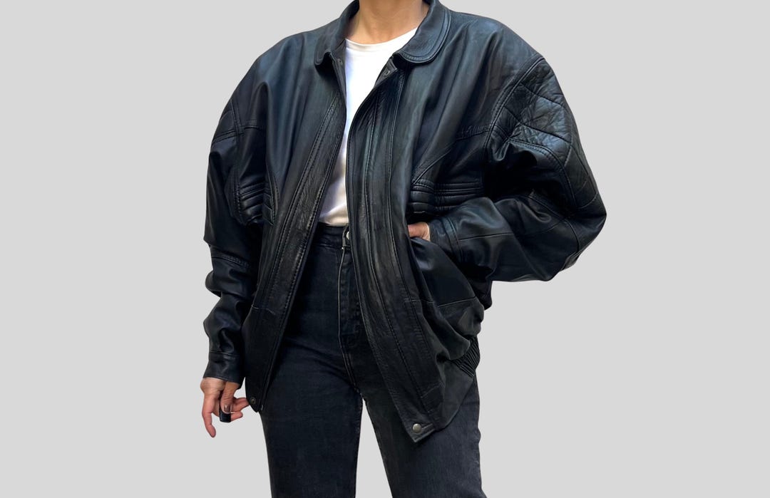 Vintage 90s Black Leather Bomber Jacket: Oversized Aviator Grunge Coat ...
