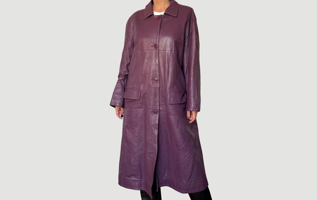 Vintage Woman Purple Long Leather Overcoat - Avant Garde Leather Trench ...