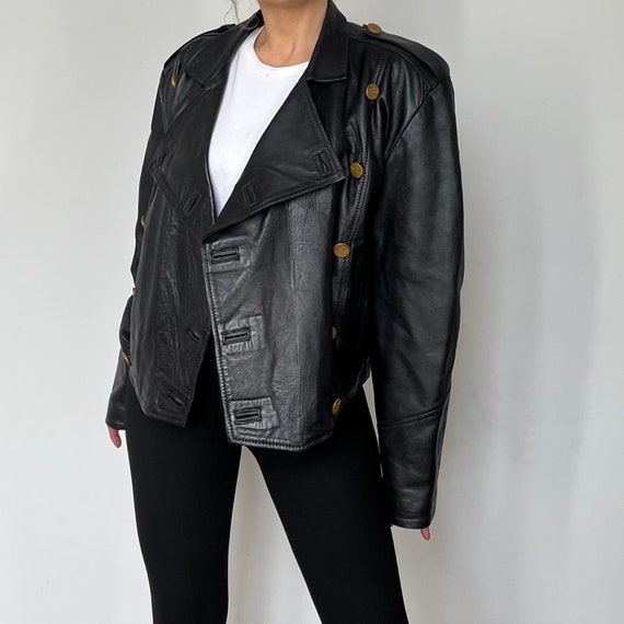 Vintage Woman Black Leather Bomber Jacket - Oversize … - Gem