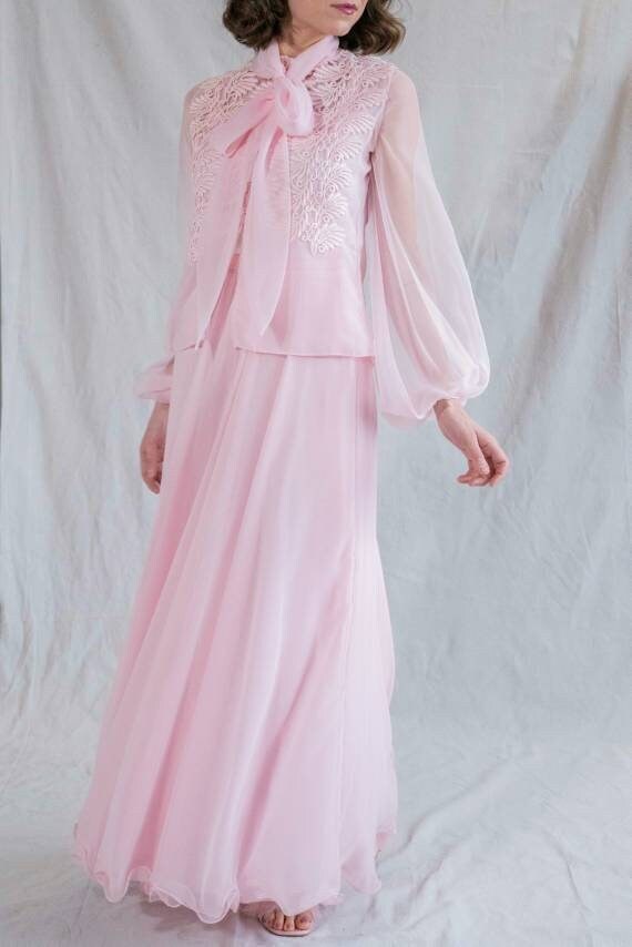 1970-1980s 'Lillie Ruben' Pale Pink Chiffon Maxi Skir… - Gem