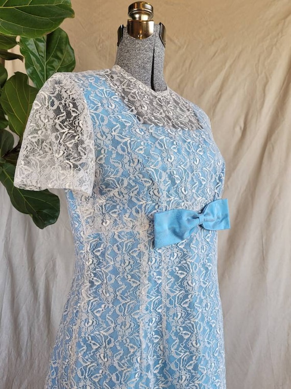 1960s Lace & Blue Brocade Party Dress - Gem