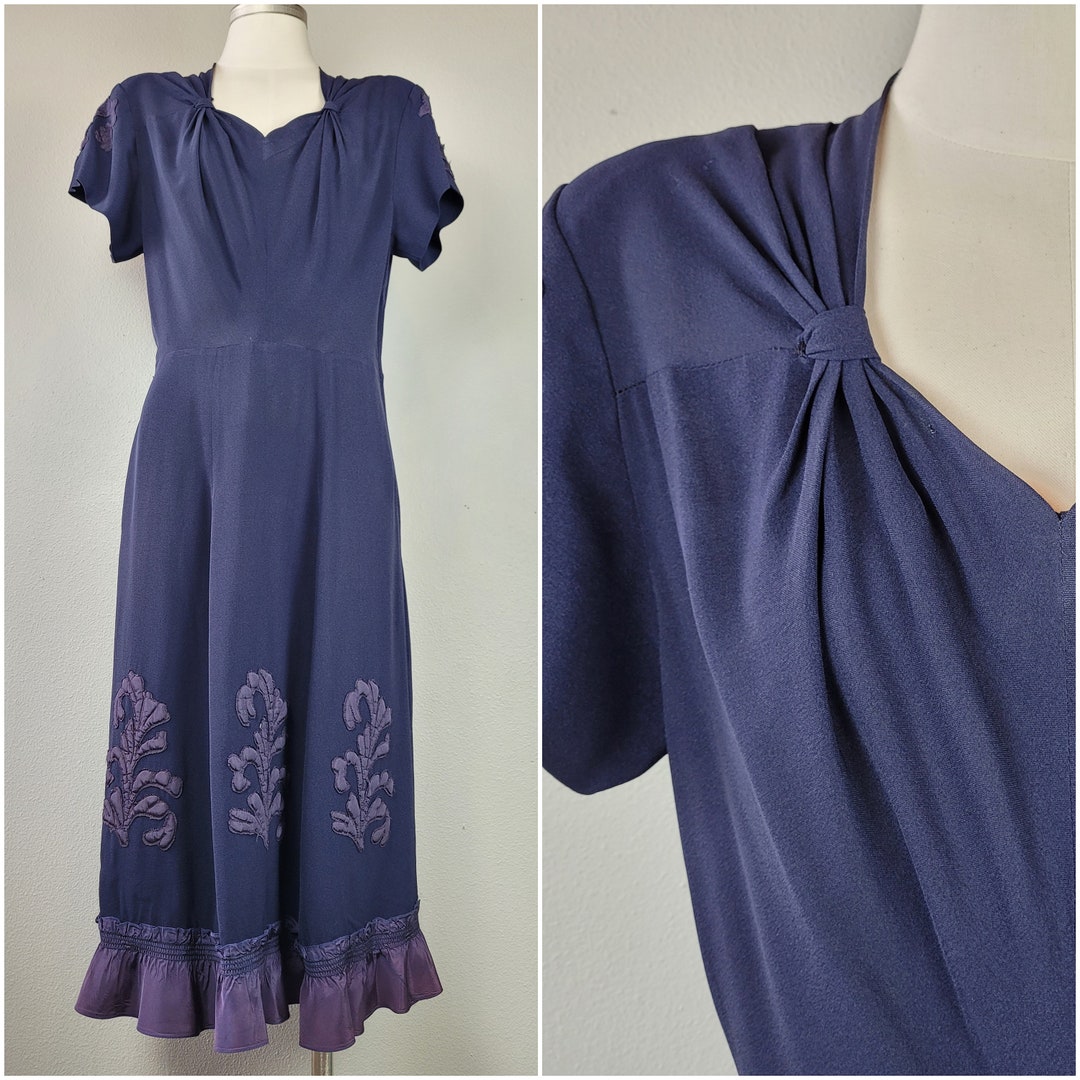 1940s Navy Blue Day Dress W Gorgeous Applique - Etsy