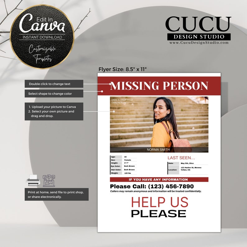 Missing Person Flyer Template | Editable Canva DIY (digital Download ...