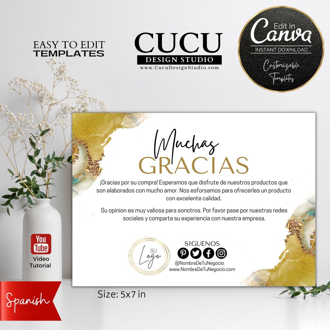 Spanish Thank You Card Template | Gold Watercolor, Canva (digital ...