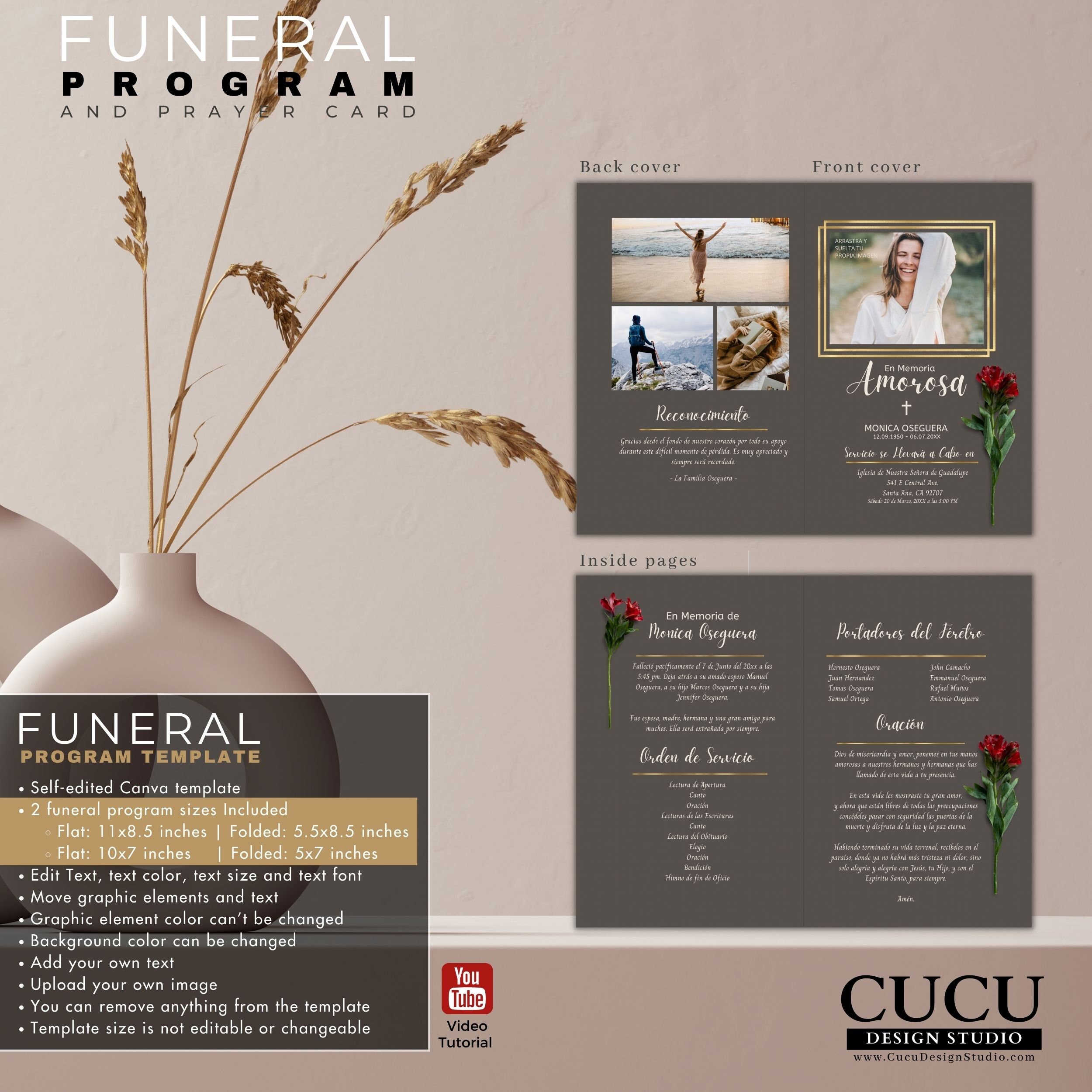 Funeral Program Canva Template, Tarjeta De Oración Editable, Memorial ...