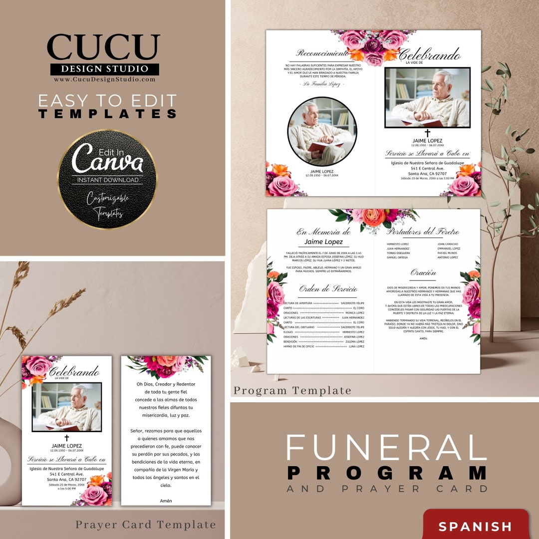 Spanish Funeral Program With Prayer Card Template | Funeral Program ...