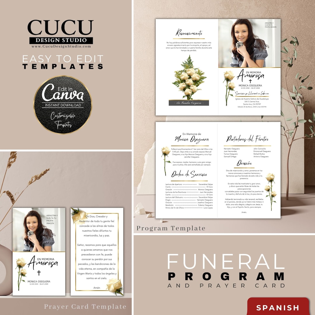 Spanish Funeral Program & Prayer Card Template | Canva Editable ...