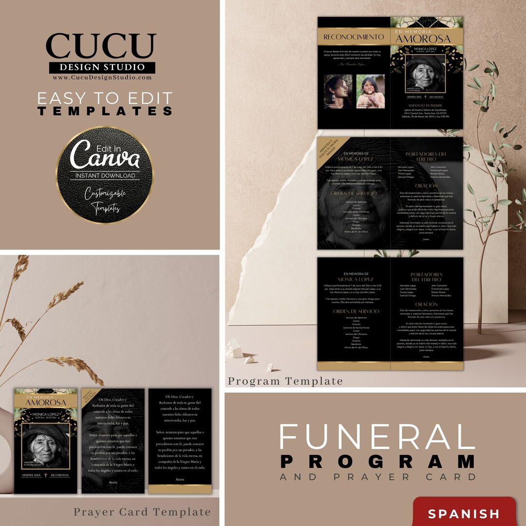 Funeral Program Canva Template, Tarjeta Oración Editable, Catholic ...