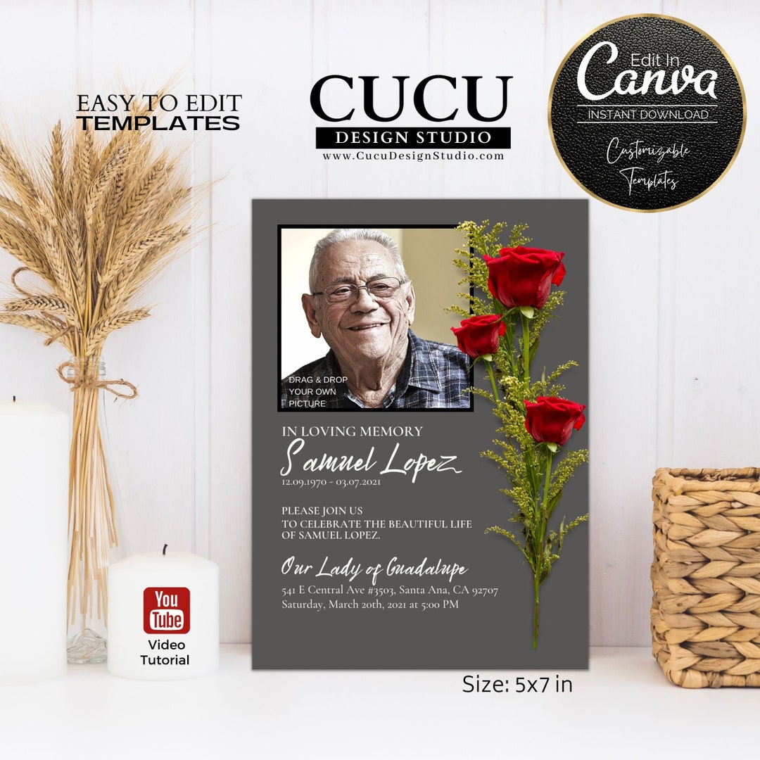 Red Roses Funeral Announcement Card | Memorial Template (5x7, Digital ...
