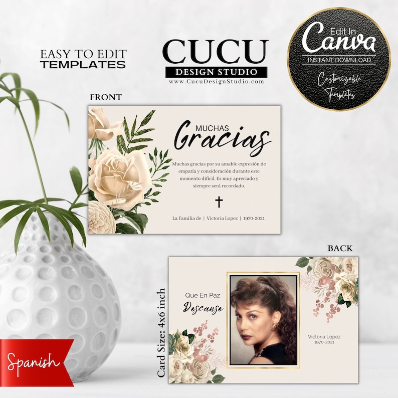 Spanish Funeral Thank You Card Template | Canva Funeral Card | Funeral ...