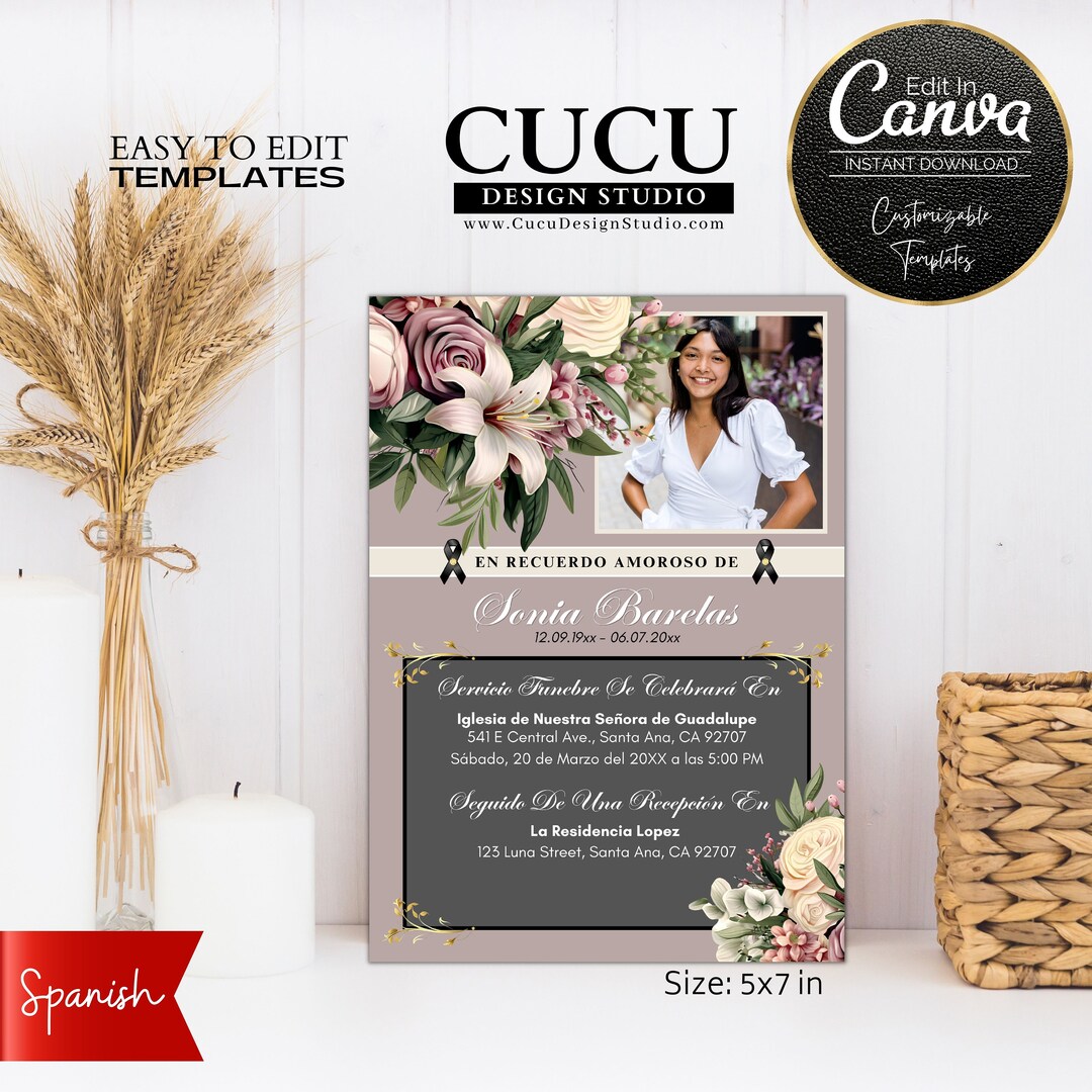 Spanish Funeral Announcement Card | Funeral Invite Template | Funeral ...