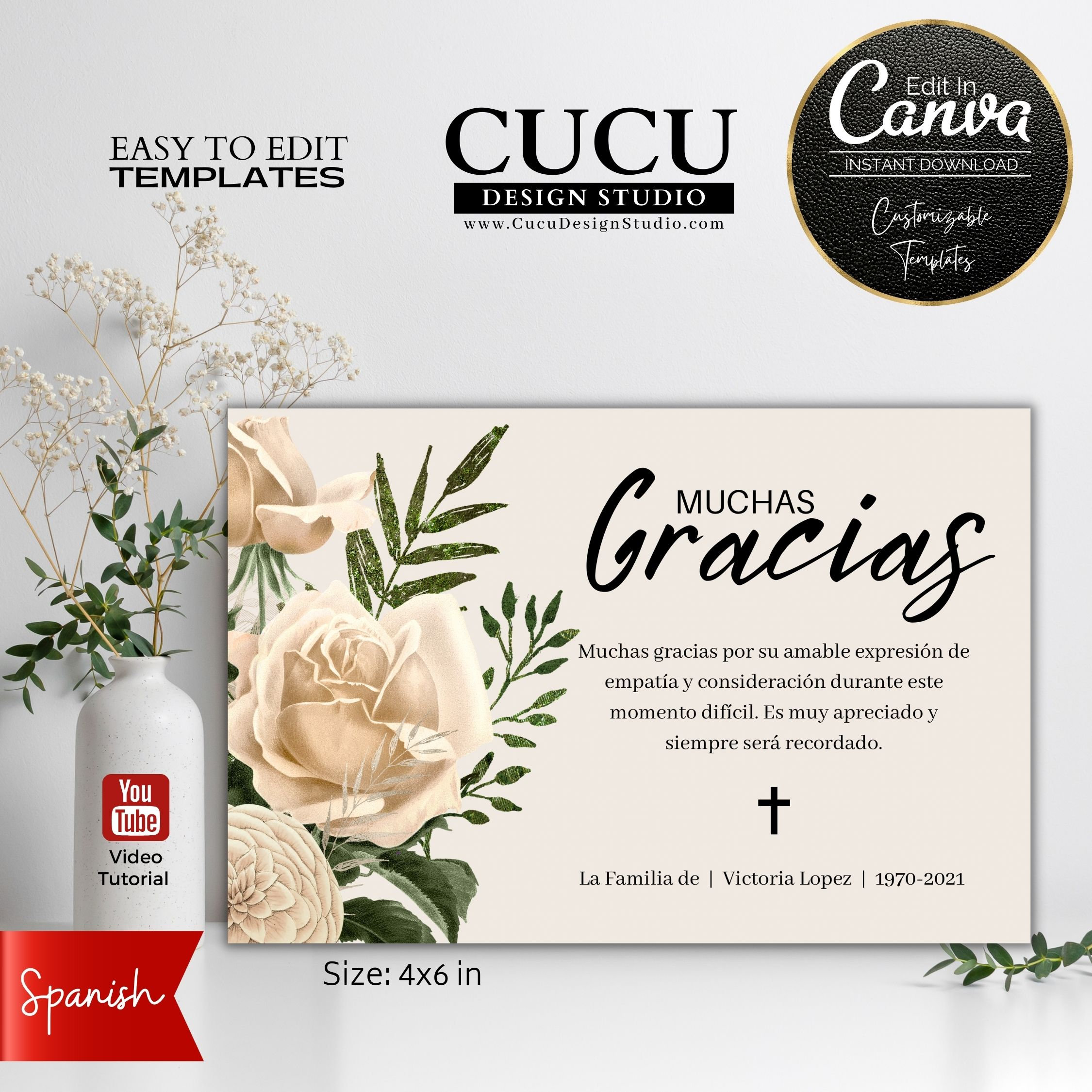 Spanish Funeral Thank You Card Template | Floral Canva (digital ...