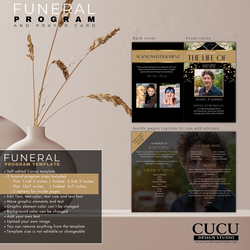 Black & Gold Funeral Program Template | Editable Canva Prayer Card ...