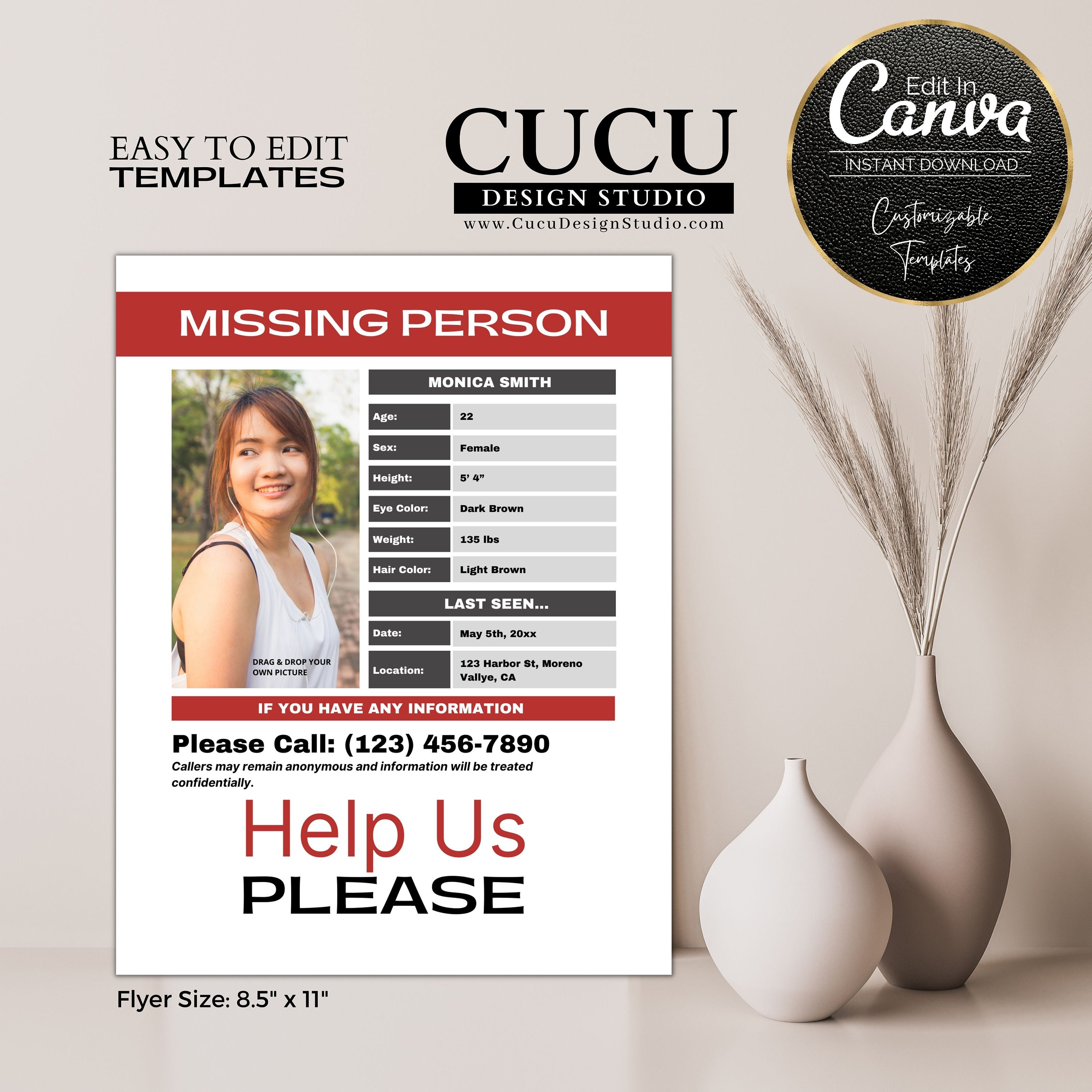 Editable Flyer Template Missing Person Flyer Printable Flyer DIY Canva ...