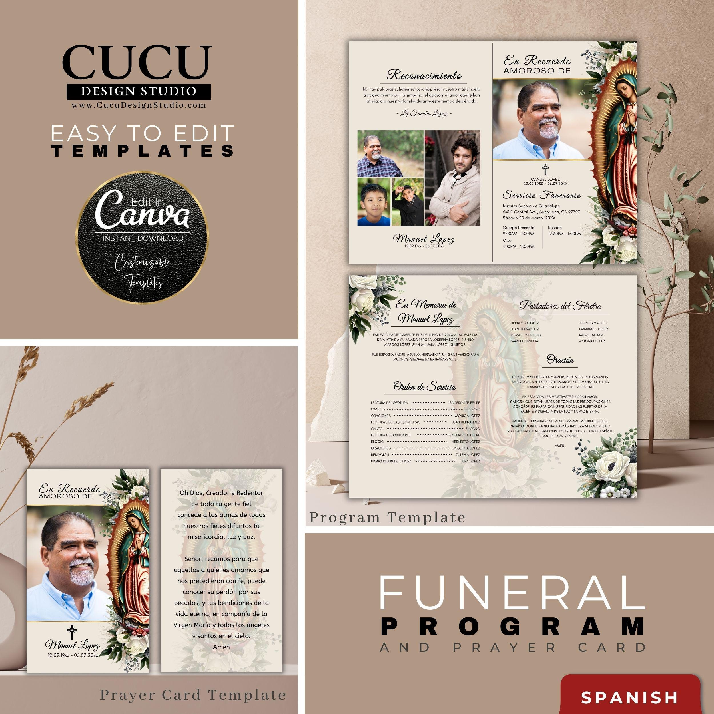 Funeral Program Canva Template, Tarjeta Oración Editable, Catholic ...
