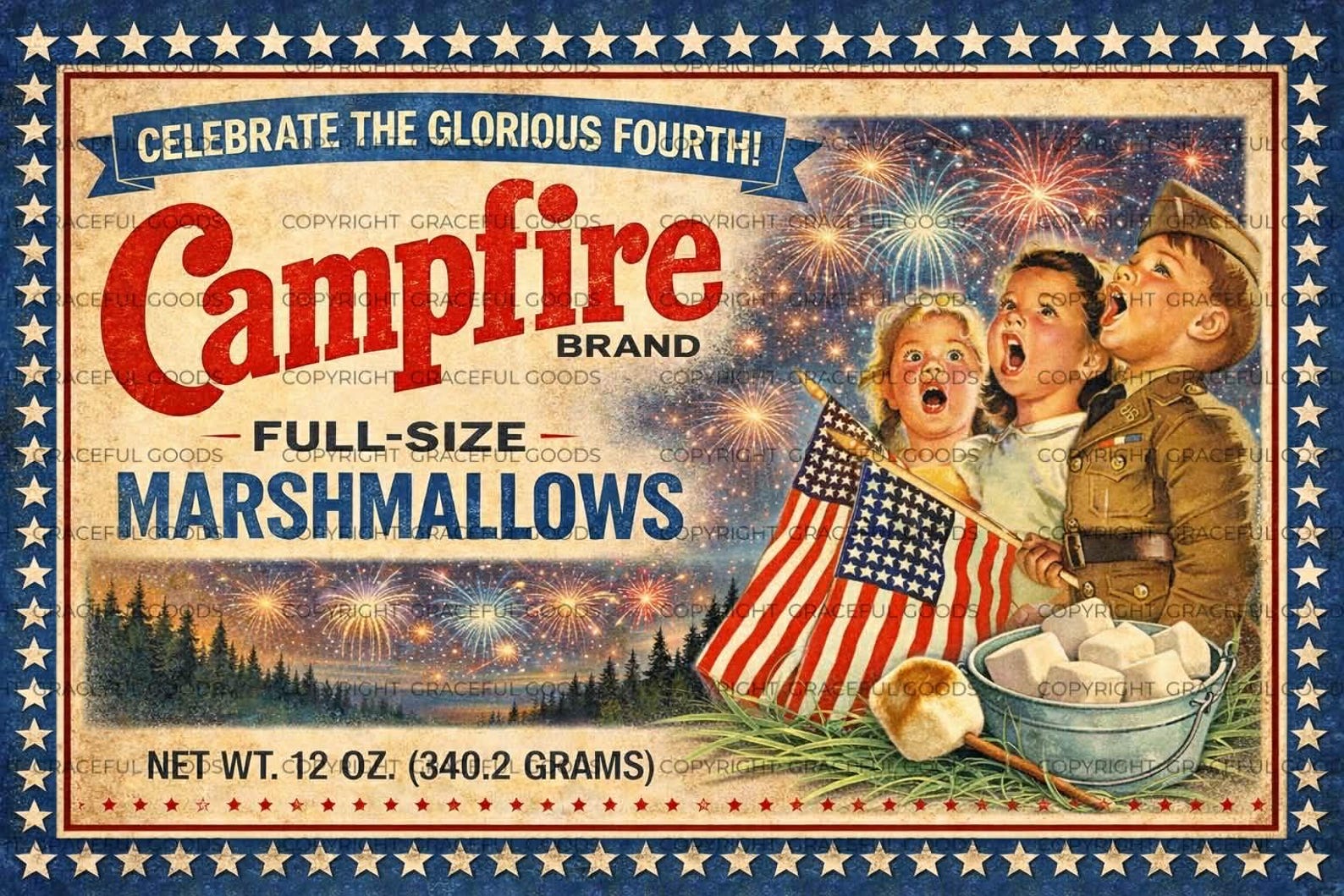 Vintage Campfire Marshmallows Label, Americana Fourth of July Art ...
