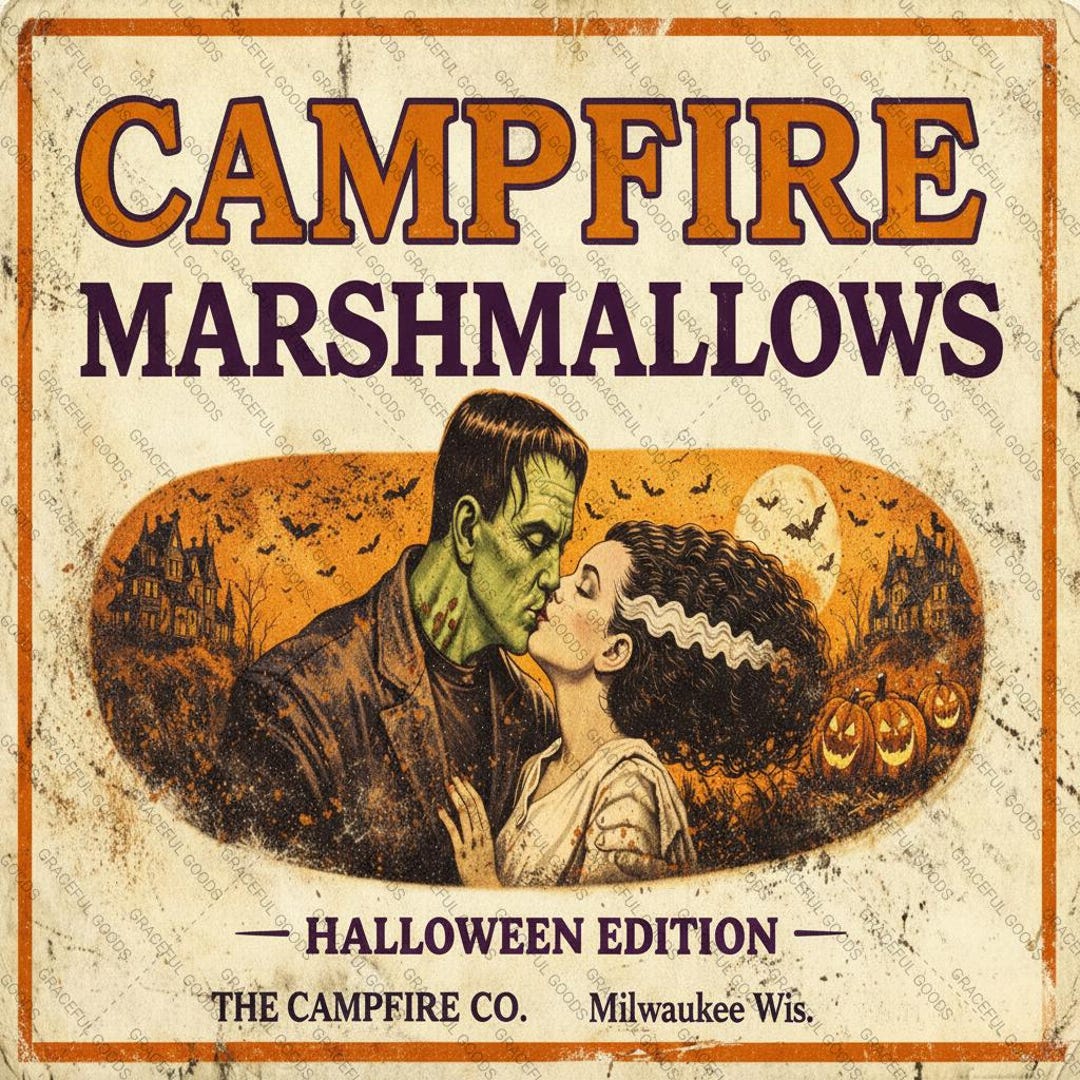Halloween Campfire Marshmallow Tin Label | Frankenstein & Bride (PNG ...