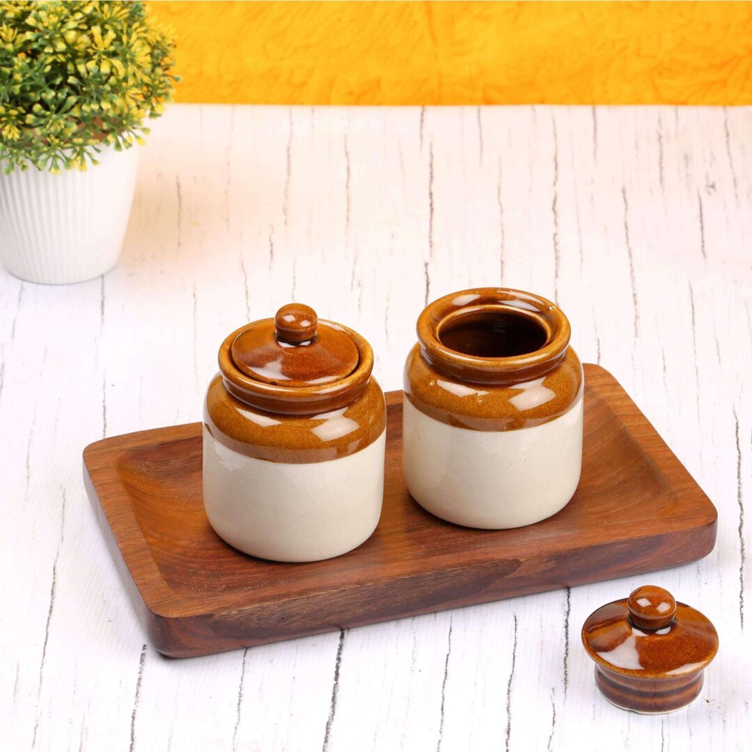 Ceramic Pickle Jar With Sheesham Wooden Tray| Dining Ware and Kitchen ...