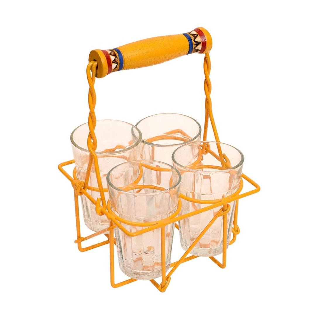 Cutting Chai Set of 4 Tea Glasses in Yellow Hand Painted Stand Indian ...