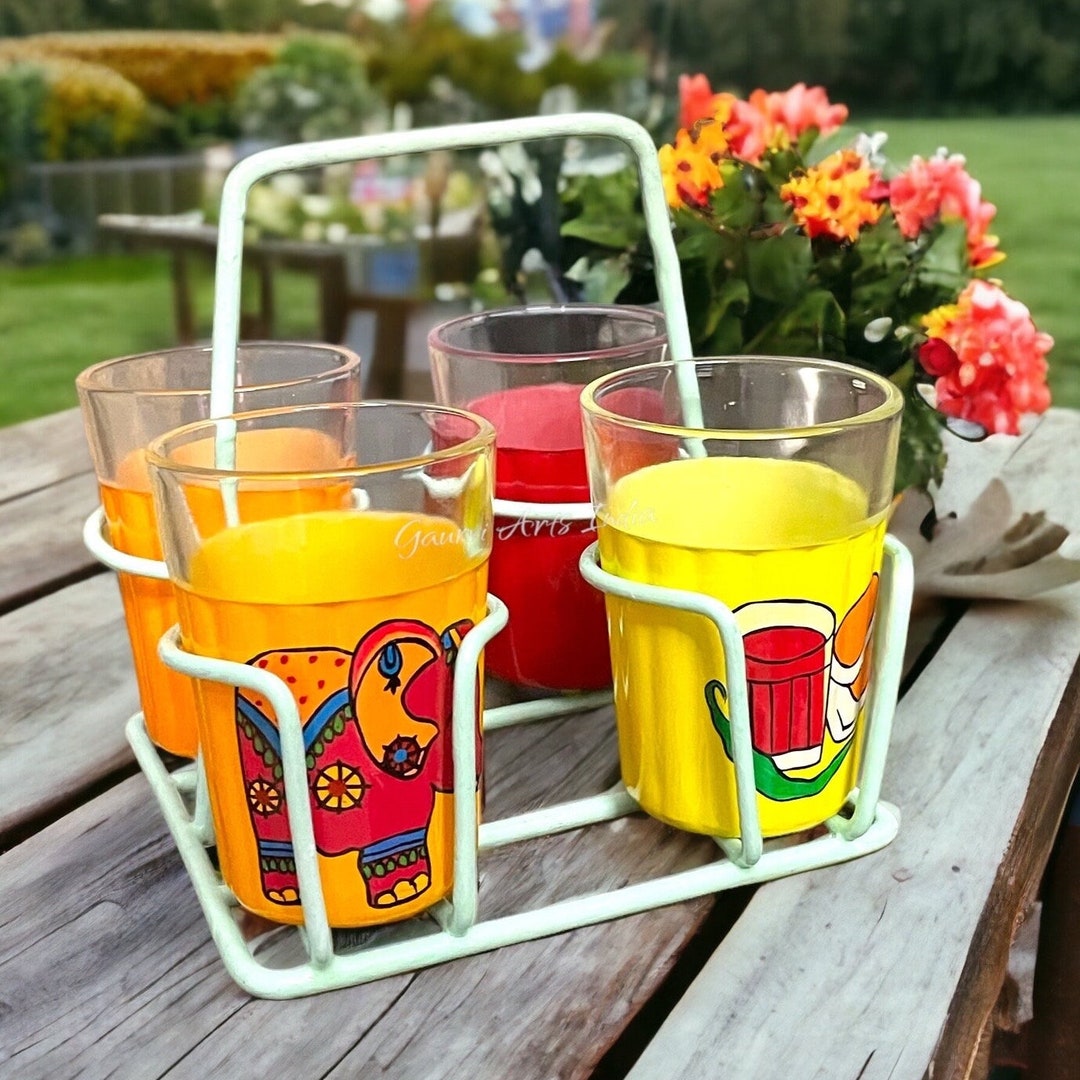 Cutting Chai Set of 4 Tea Glasses in 4 Different Colors Pattern in ...