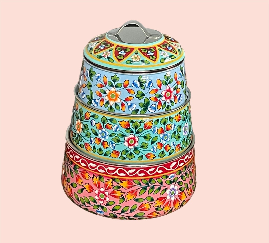 Tiffin Hand Painted 3 Tier Tiffin Lunch Containers Indian Tiffin Picnic ...