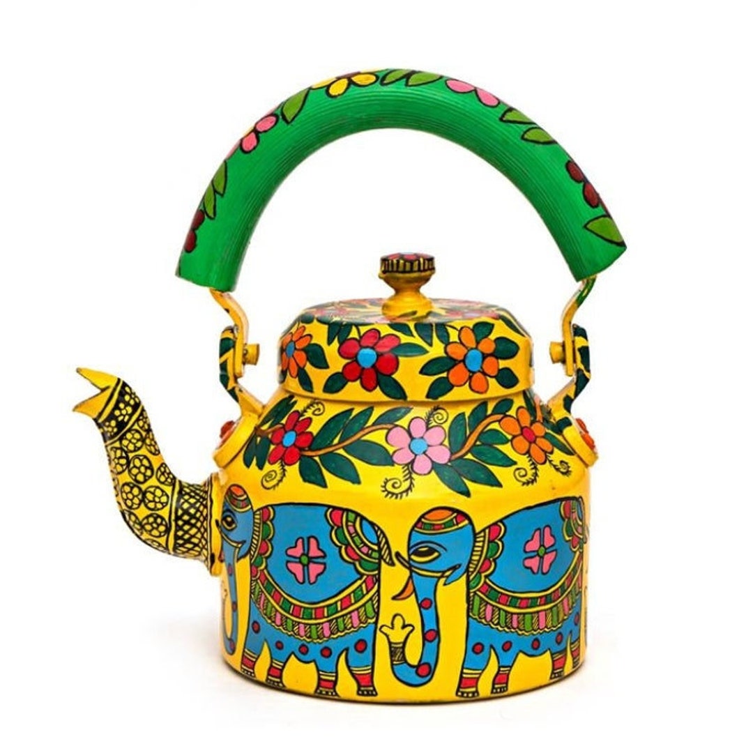 Hand Painted Tea Kettle Blue Elephant, Folk Art of India, Madhubani Tea ...